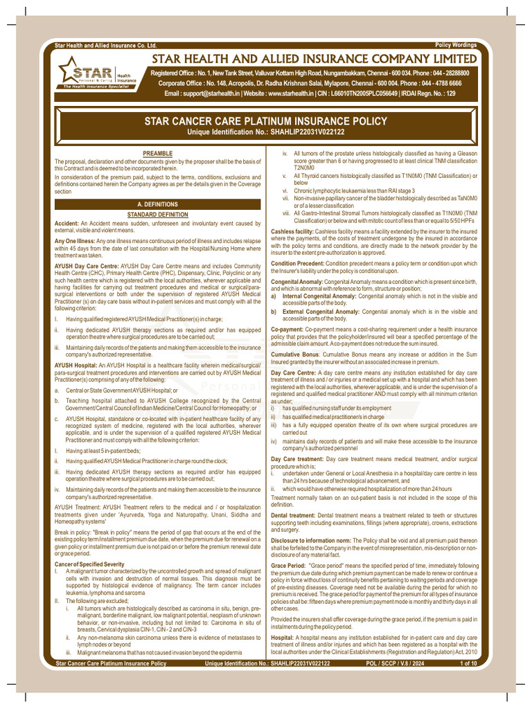 Star Cancer Care Platinum Policy Overview | PDF | Medicine | Hospital