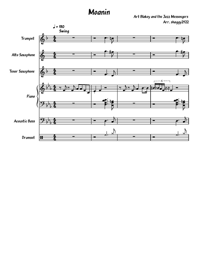 Moanin - Art Blakey and The Jazz Messengers-Score and Parts | PDF | Saxophone | Popular Music