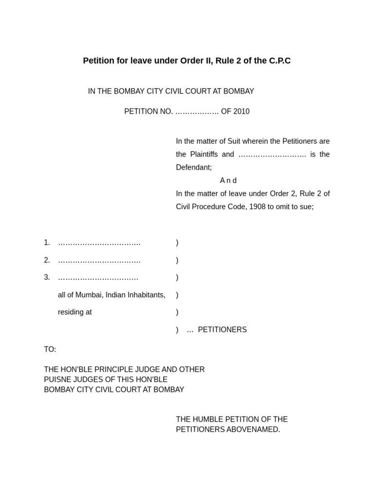 Leave Petition Under Order II, Rule 2 CPC | PDF | Lawsuit | Civil Law ...
