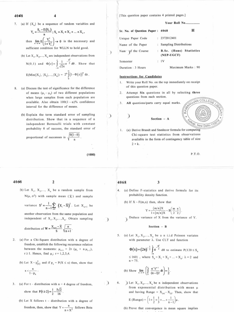 Pyq Sampling Distribution | PDF | Chi Squared Distribution | Standard Error