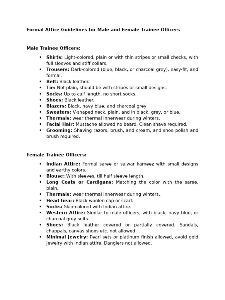 Formal Attire Guidelines for Male and Female Trainee Officers | PDF