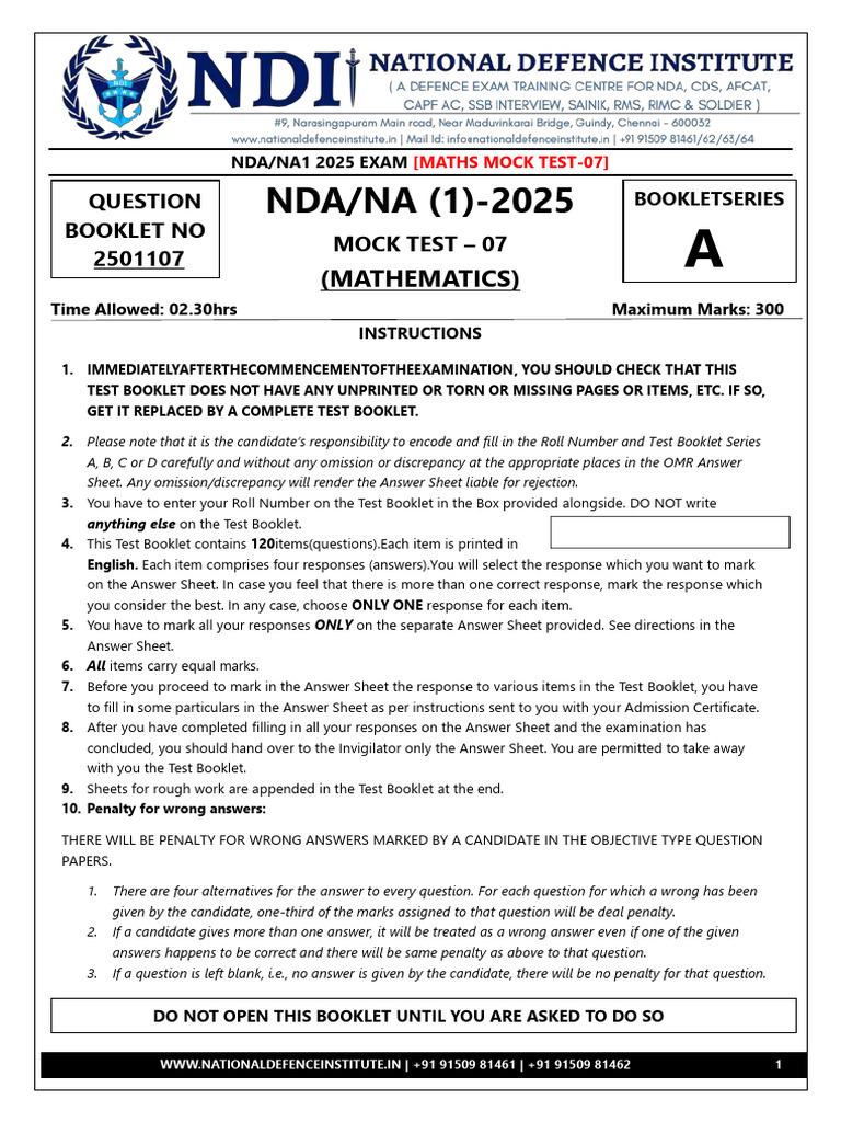 NDA 2025 Maths Mock Test 07 | PDF | Matrix (Mathematics) | Mathematics
