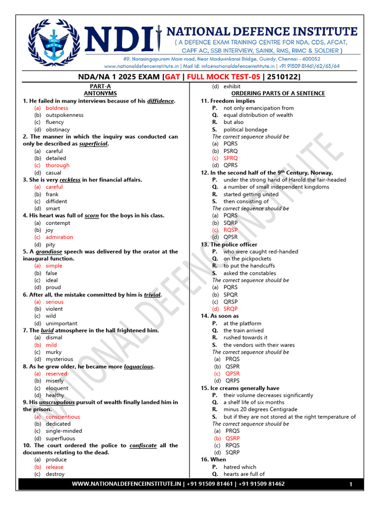 Nda 1 2025 Gat Full Mock Test-05 Answer Key | PDF | Brass | Optics