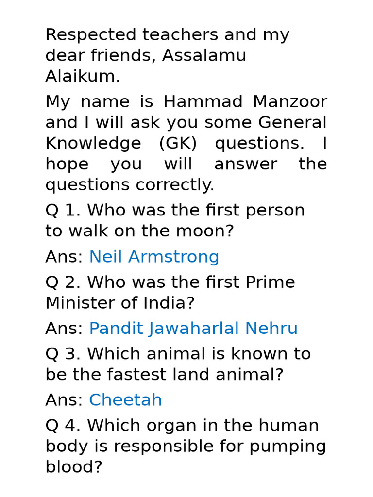 Class 4 General Knowledge Questions | PDF