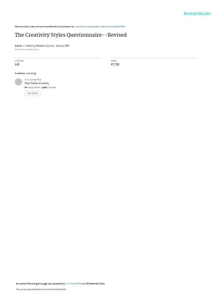 The Creativity Styles Questionnaire--Revised | PDF