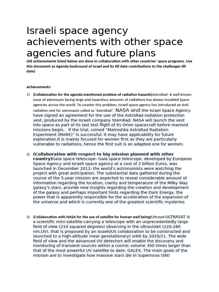 Israeli space agency achievements with other space agencies and future ...
