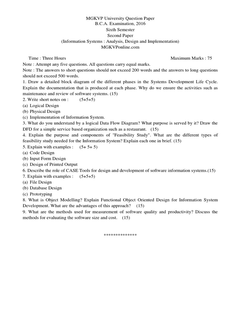 Bca 6 Sem Information Systems Analysis Design and Implementation 2016 | PDF