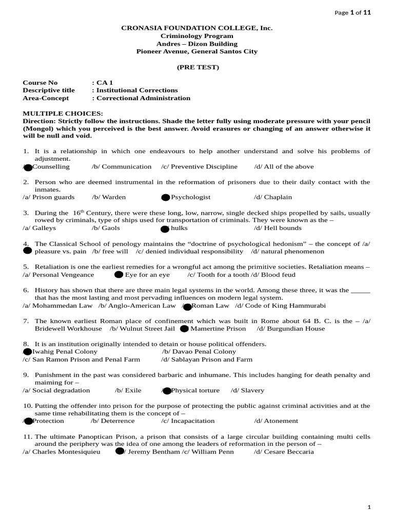 PRE TEST by PROVIDO MARLOU F. T 1 | PDF | Prison | Prisoner