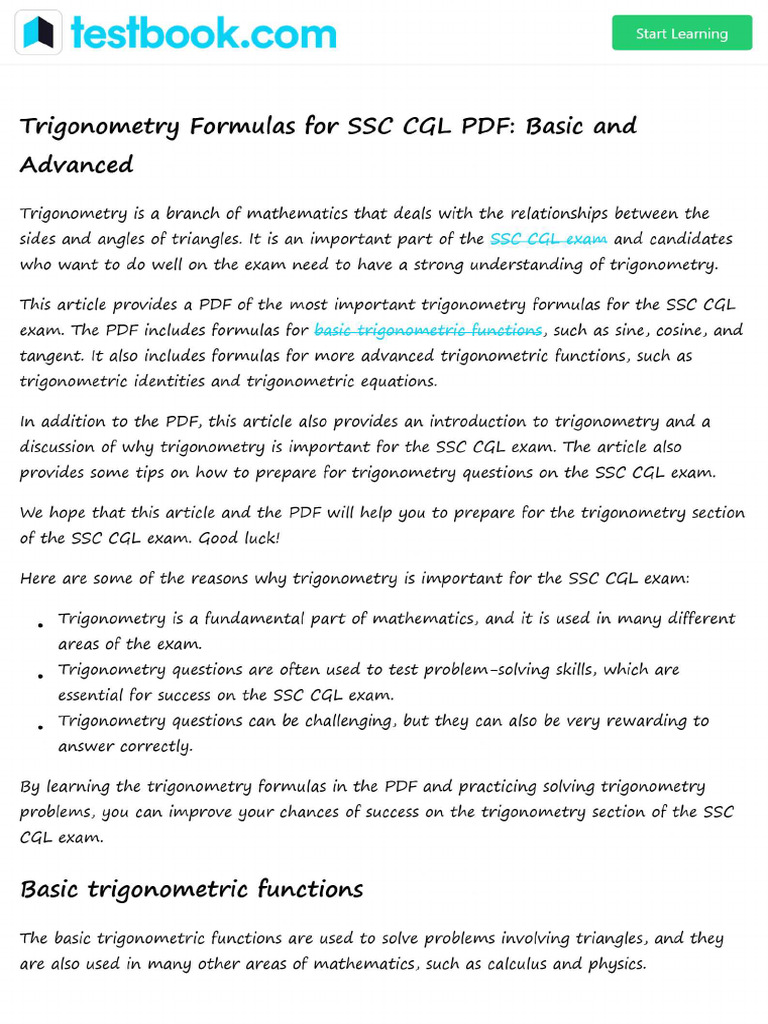 Trigonometry Formulas For SSC CGL PDF - Basic and Advanced | PDF