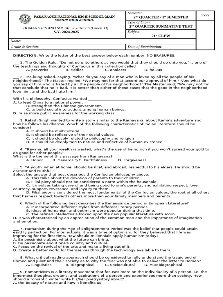 Grade XI Humanities Exam: 21st CLPW | PDF | Gabriel García Márquez