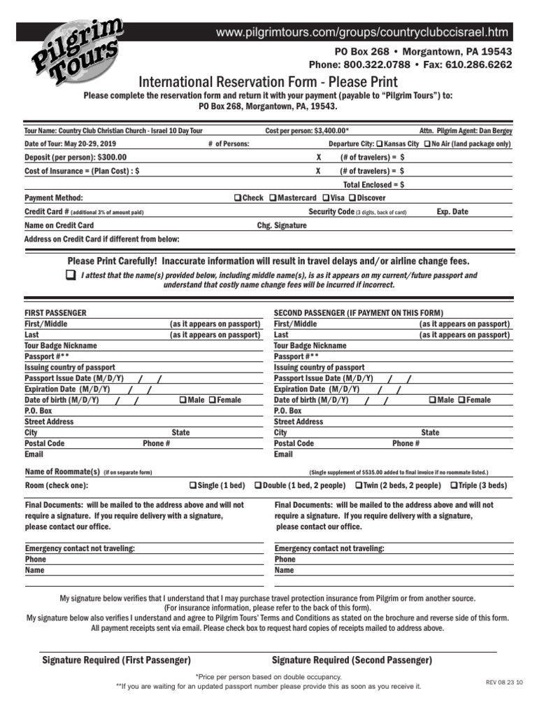 Israel 10-Day Tour Registration Form | PDF | Mail | Airlines