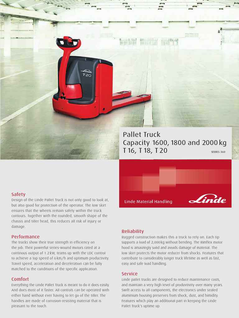Linde Pallet Truck T16-T20 Overview | PDF | Battery Charger | Truck