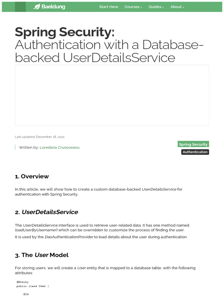 Authentication With A Database-Backed UserDetailsService | PDF | User (Computing) | Xml