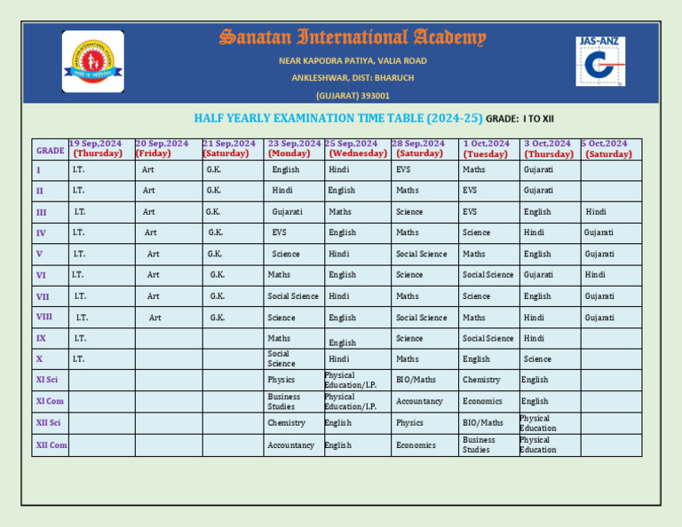 HALF YEARLY EXAM TIME TABLE (2024-25) REVISED | PDF