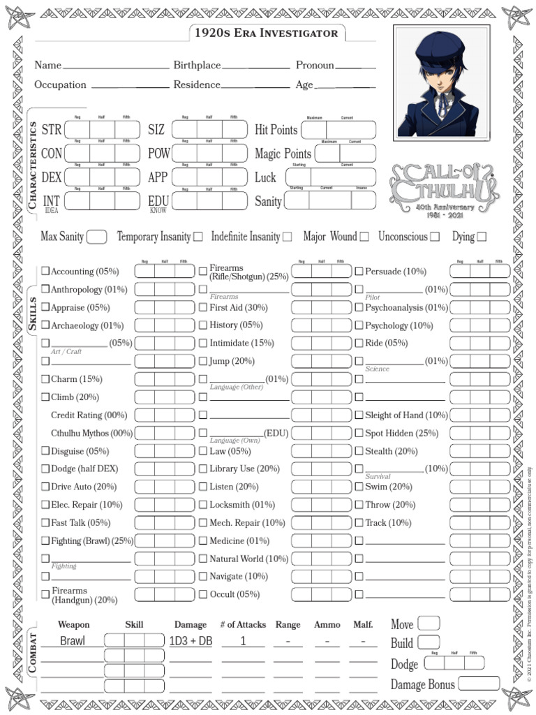 CoC Character Sheet - Jessie Willow | PDF