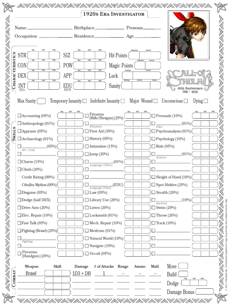 CoC Character Sheet - Lola Russo | PDF