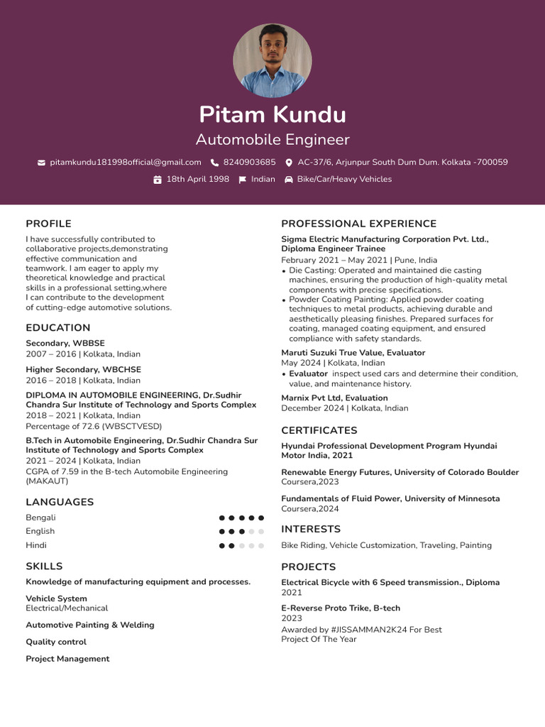 Pitam Kundu FlowCV Resume 20250318 | PDF | Car | Engineering