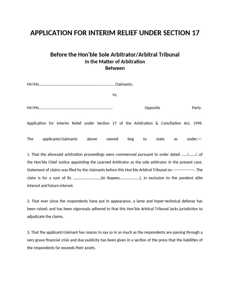 Application For Interim Relief Under Section 17 | PDF | Arbitral Tribunal | Arbitration