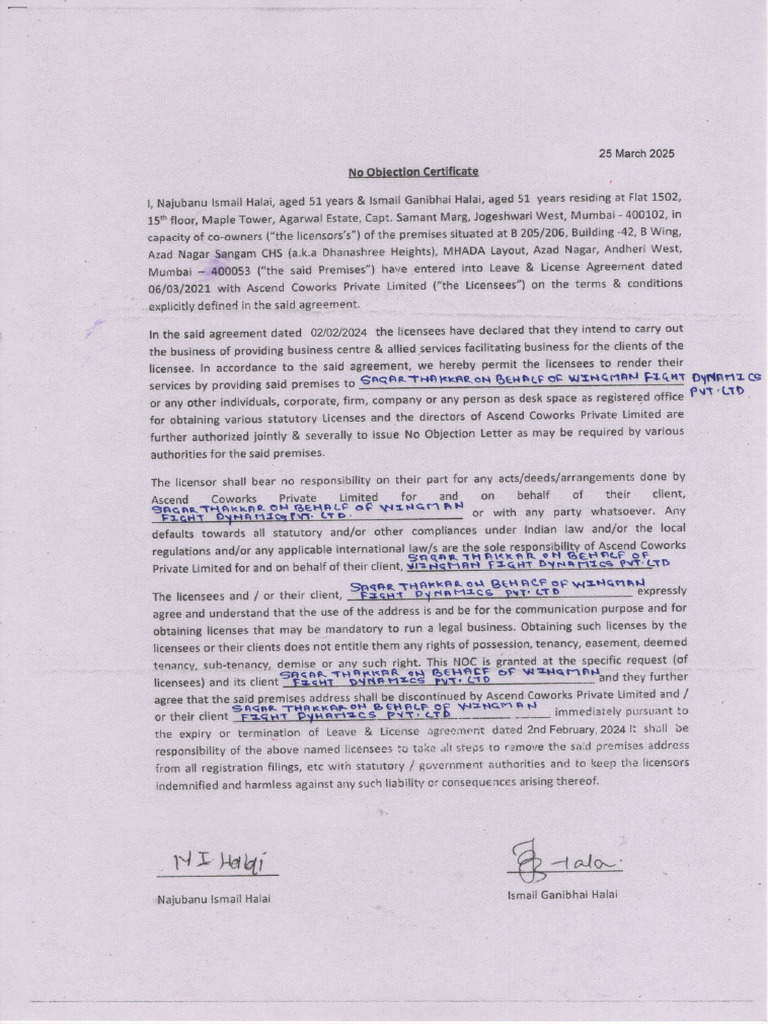 Wingman Fight Dynamics PVT LTD NOC | PDF