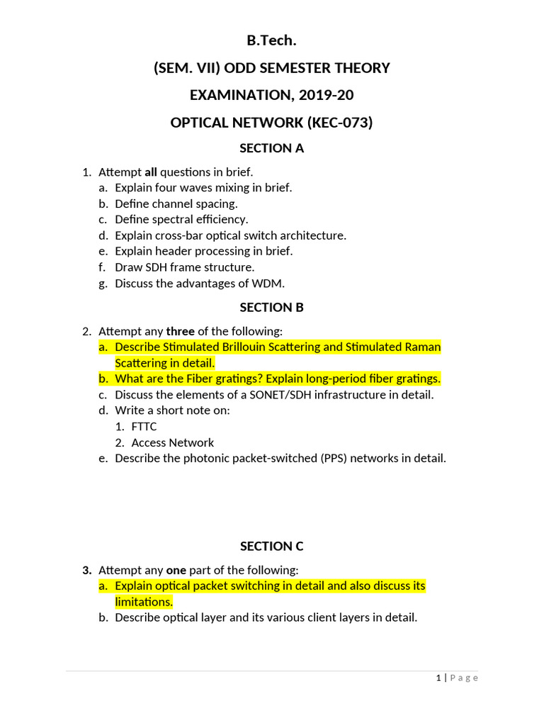 Optical Network PYQ 2019-20 | PDF