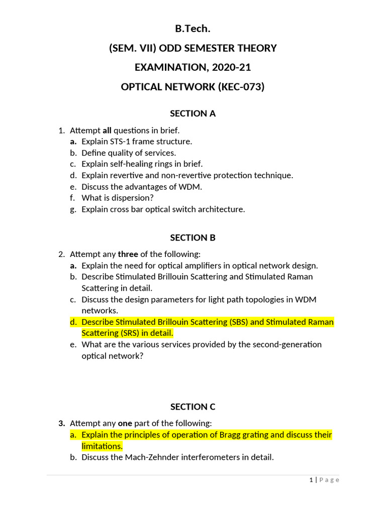 Optical Network PYQ 2020-21 | PDF