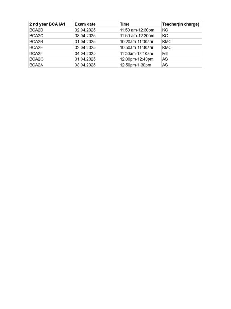 IA1 Schedule For BCA 2nd Year | PDF