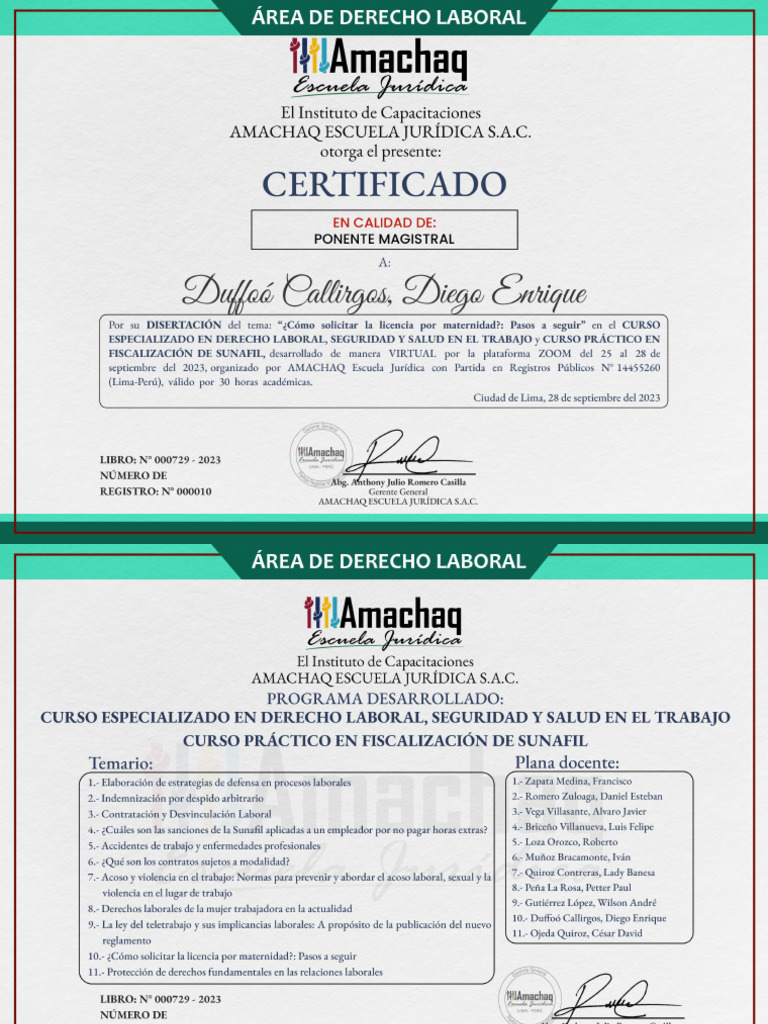 CERTIFICADO N°10 - Duffoó Callirgos, Diego Enrique | PDF