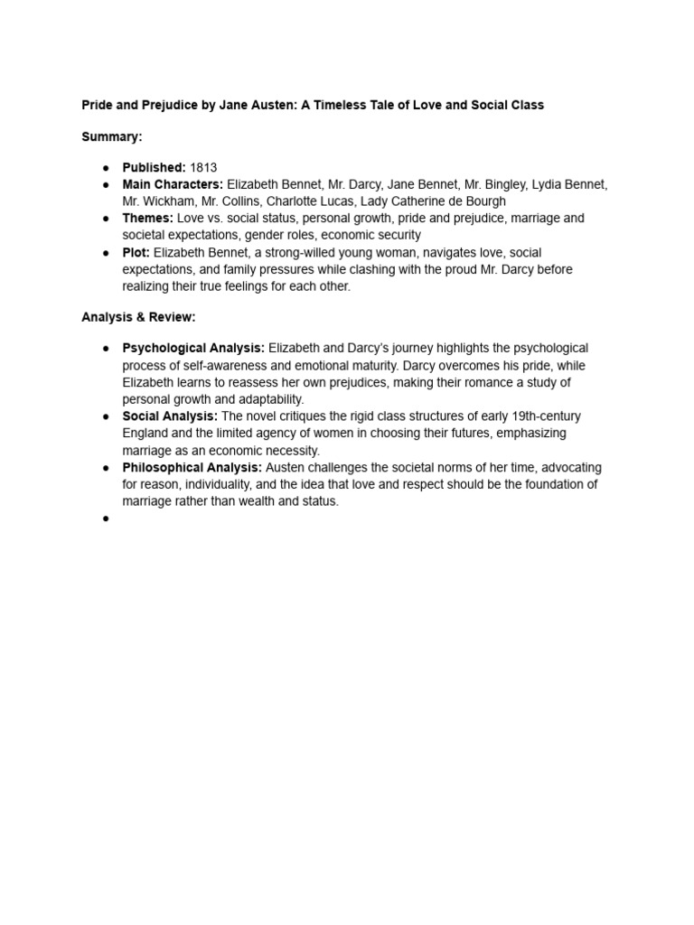 Pride and Preudice Analysis | PDF