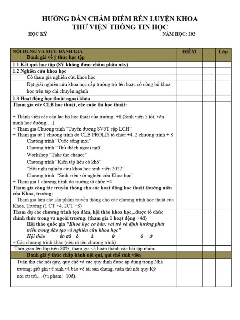 Bang Danh Gia Diem Ren Luyen Hki 2022 Final | PDF
