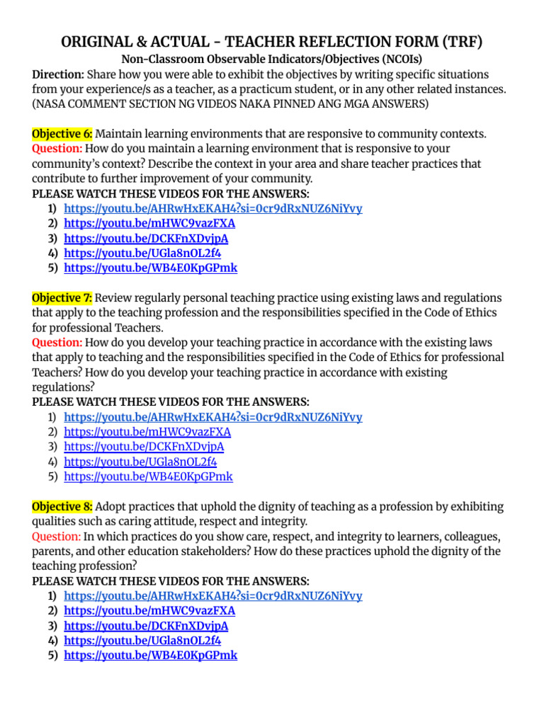 ORIGINAL TRF OBJECTIVES 6 - 9 PPST NCOIs - ACTUAL TRF QUESTIONS | PDF ...