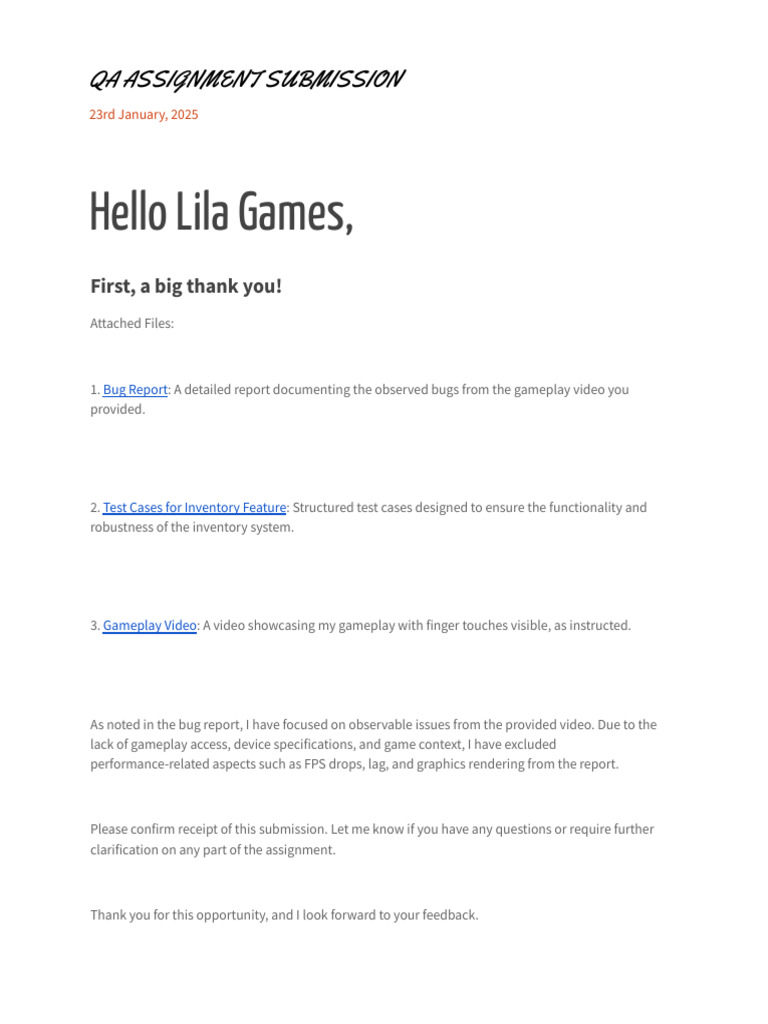 QA Assignment Submission for Lila Games | PDF