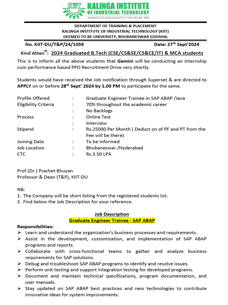 Registration for Gemini Internship Cum PPO Recruitment Drive- 2024 Graduated Batch | PDF | Java ...