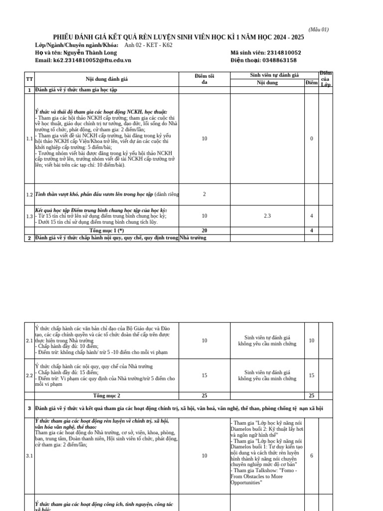 PHIẾU ĐGKQRL HK1 2024- 2025 - Nguyễn Thành Long | PDF