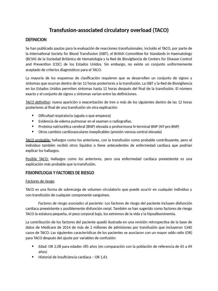 Sobrecarga Circulatoria por Transfusión (TACO) | PDF | Insuficiencia ...