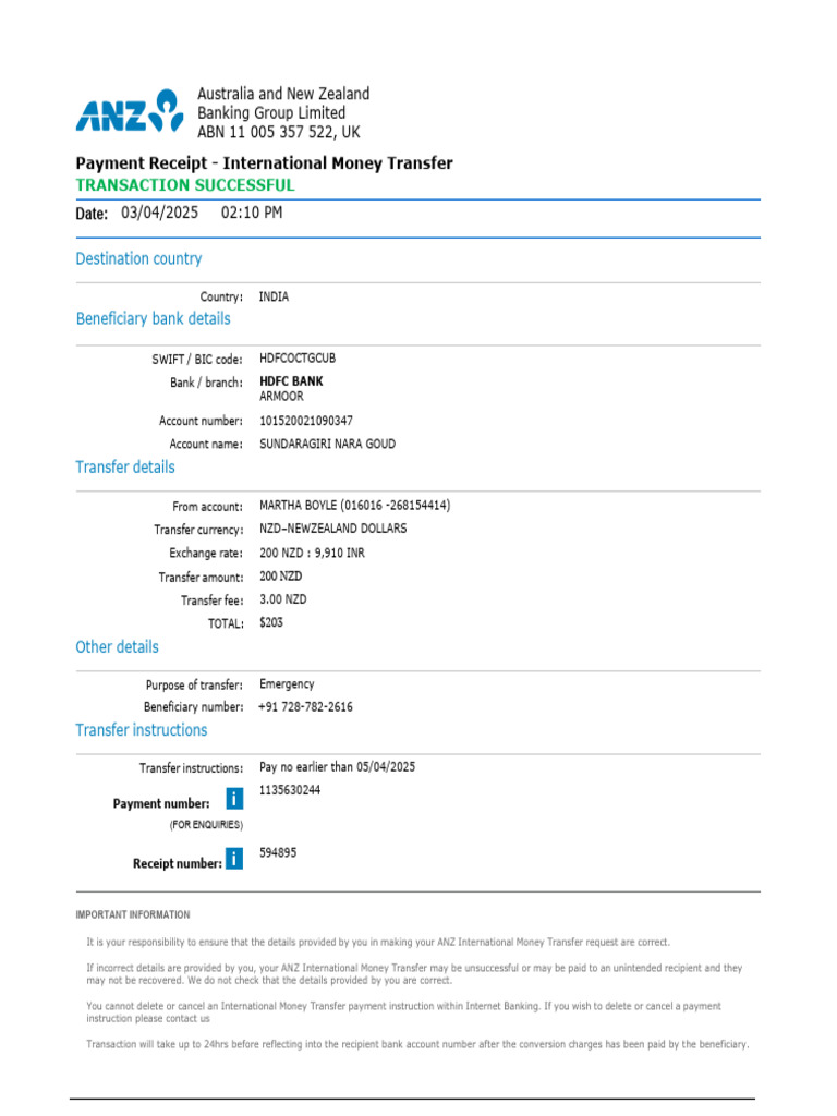 ANZ International Money Transfer Receipt | PDF