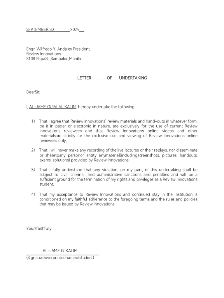 Letter of Undertaking For Dec 2024 Review | PDF