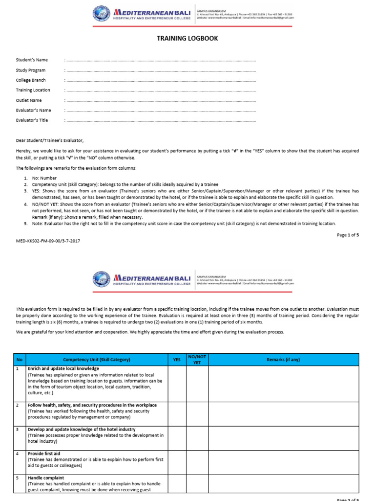 Training Logbook Evaluation Form | PDF
