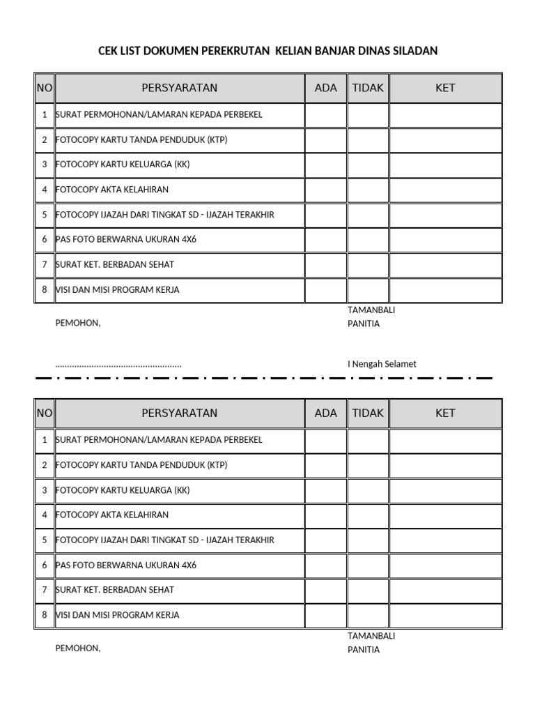 Cek List Dokumen Rekrutmen Siladan | PDF