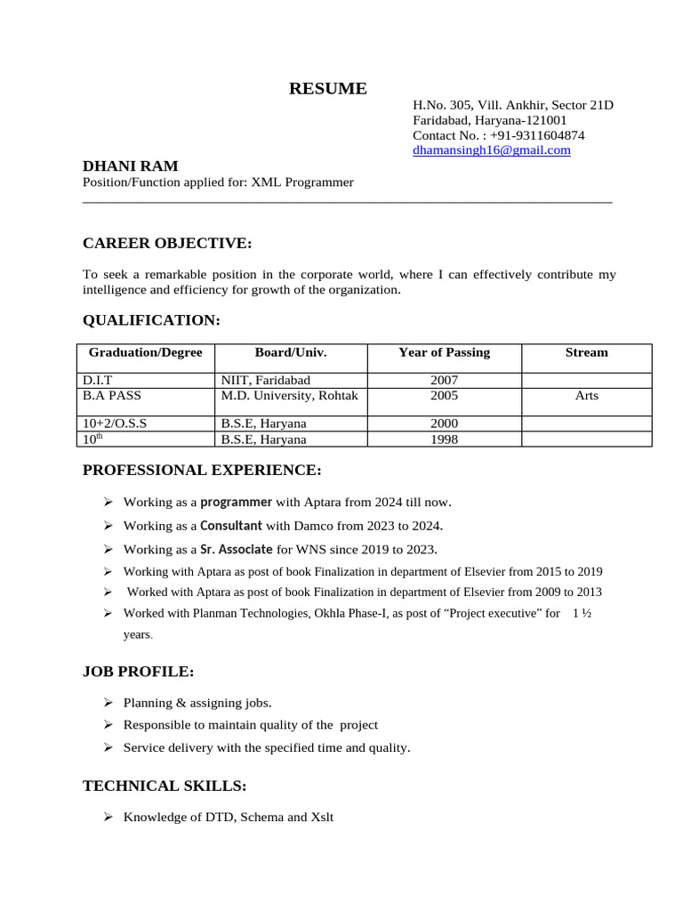 Dhani Ram's XML Programmer Resume | PDF | Xml | Persistence