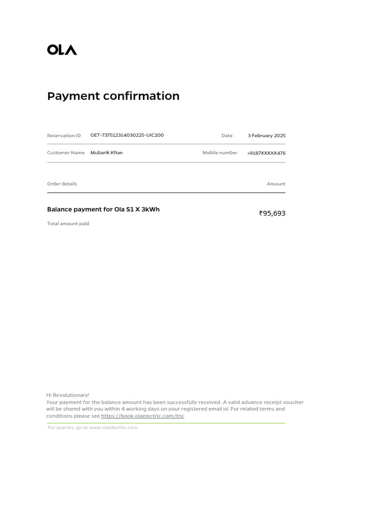 Ola S1 Payment Confirmation | PDF