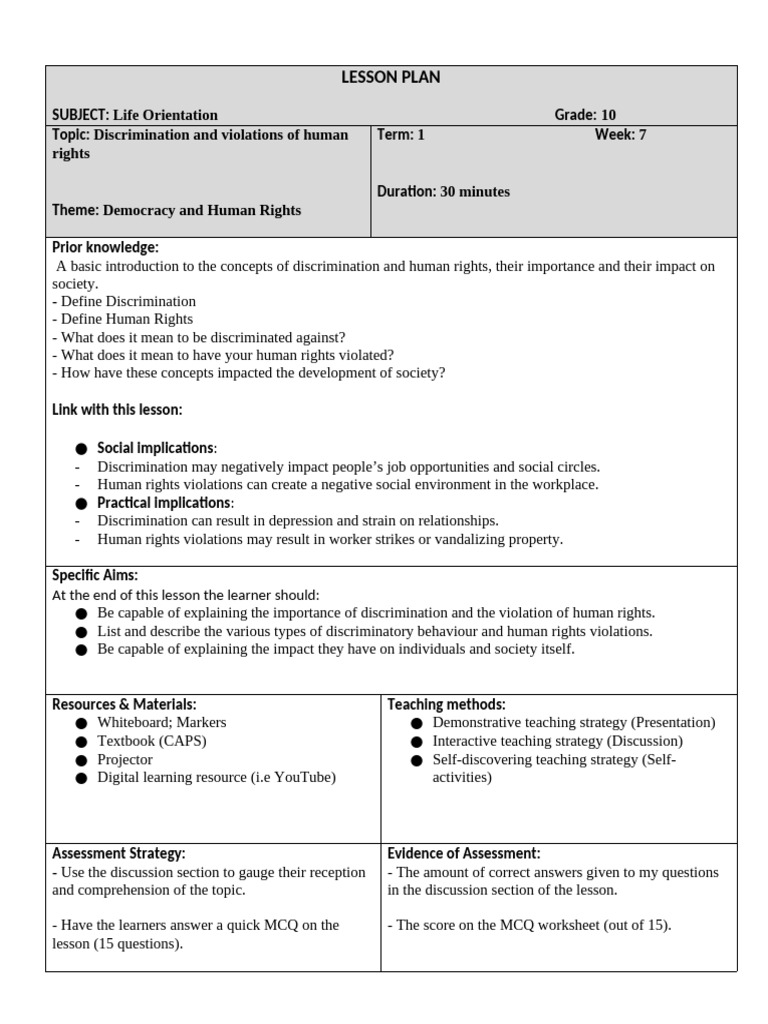 Discrimination and Human Rights Lesson Plan | PDF | Lesson Plan ...