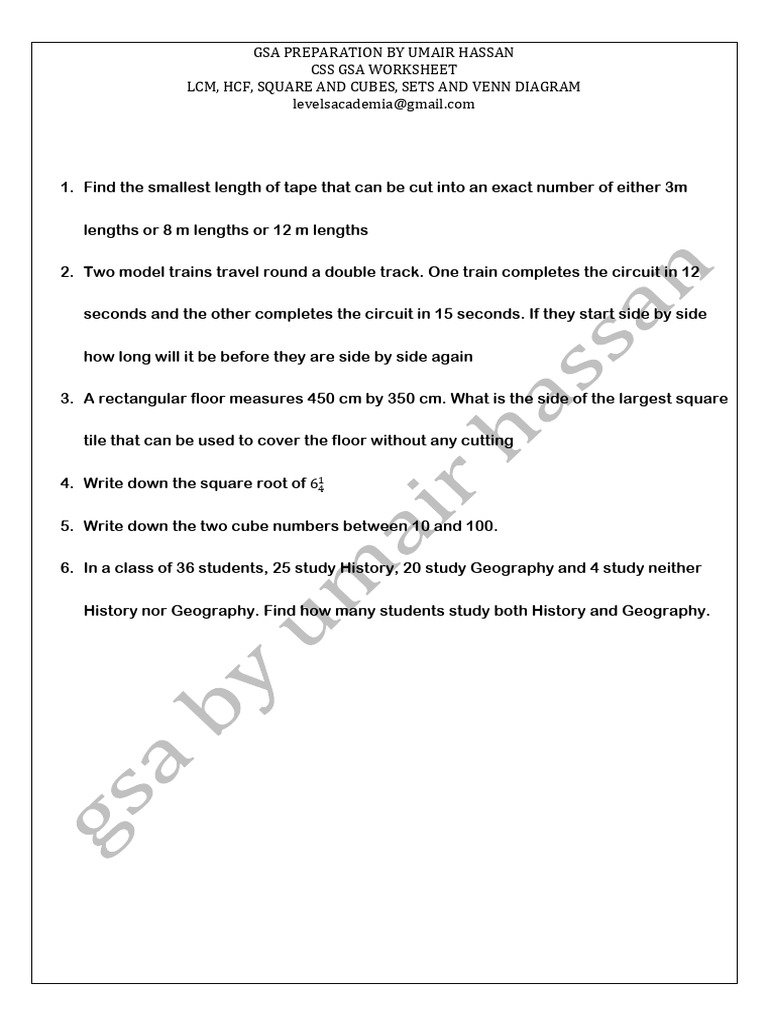 CSS GSA WORKSHEET SETS HCF SQUARE ROOT CUBE ROOT | PDF