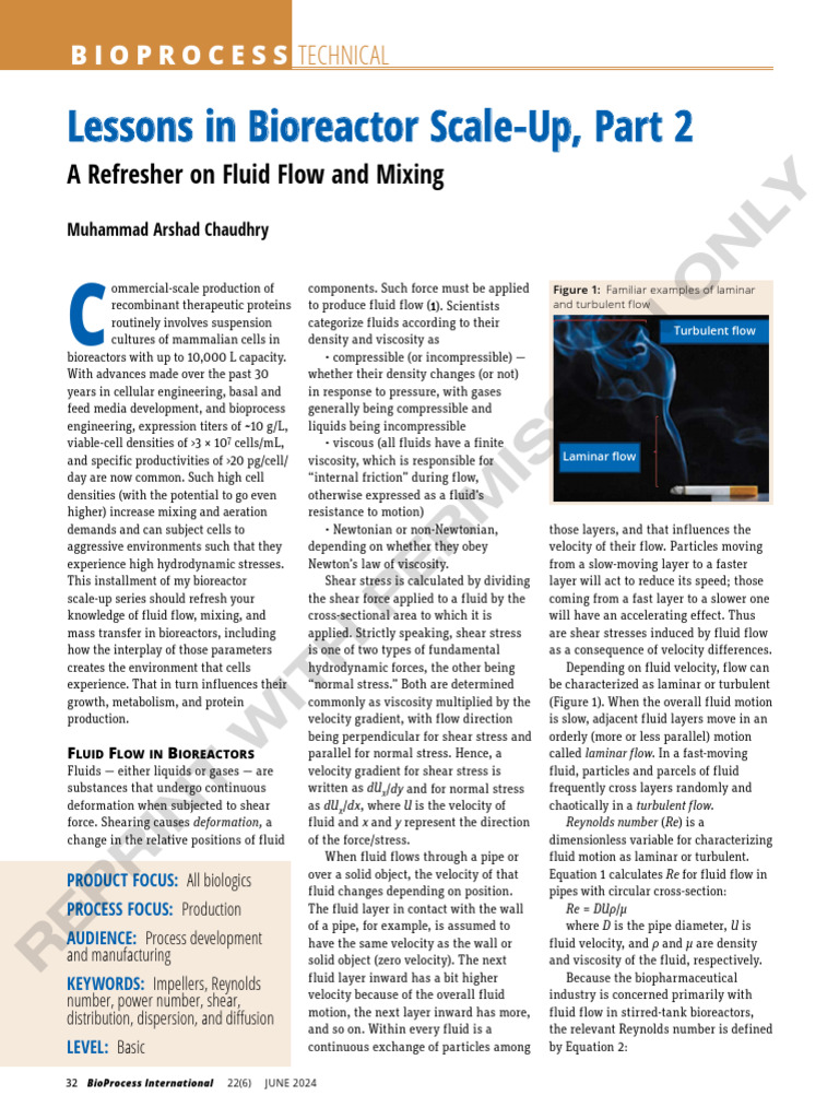 Lessons in Bioreactor Scal-Up P2 A Refresher On Fluid Flow and Mixing | PDF | Turbulence | Fluid ...