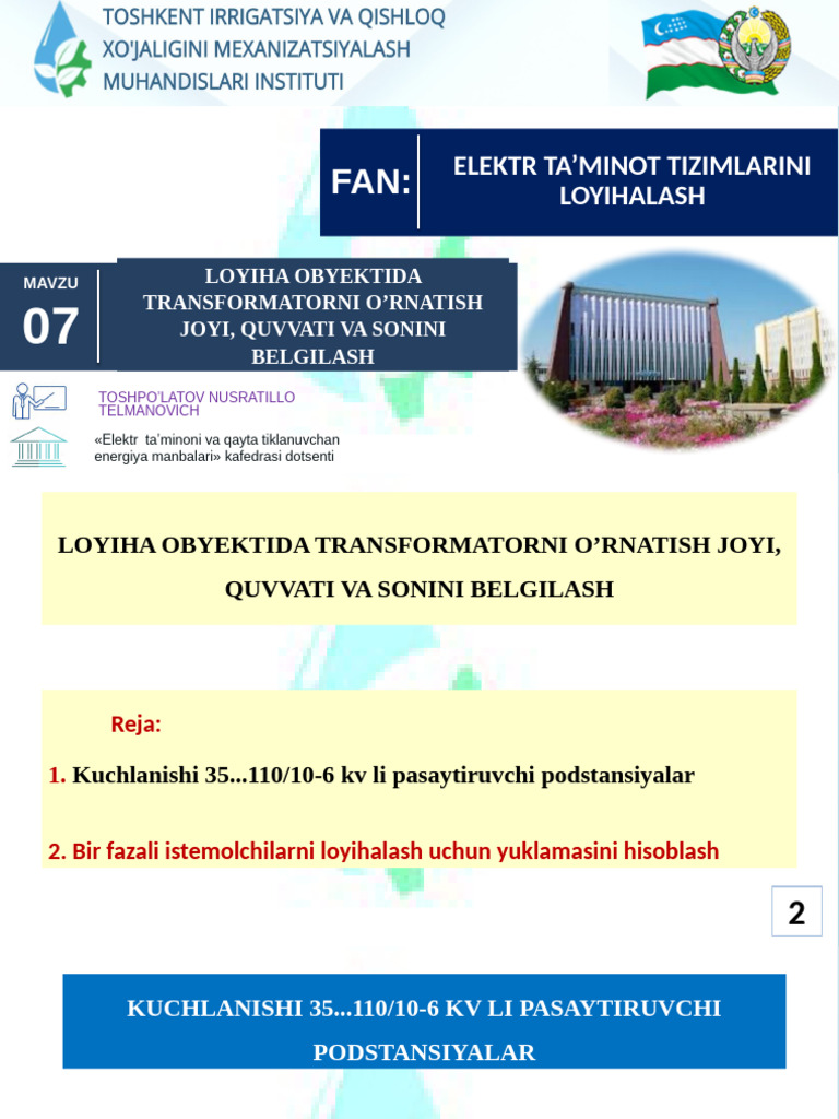 7_ma'ruza_LОYIHA_OBYEKTIDA_TRANSFОRMATОRNI_O’RNATISH_JОYI,_QUVVATI | PDF