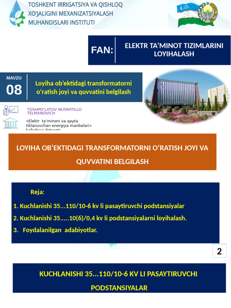 11_mavzu_Loyiha_ob’ektidagi_transformatorni_o‘ratish_joyi_va_quvvatini | PDF