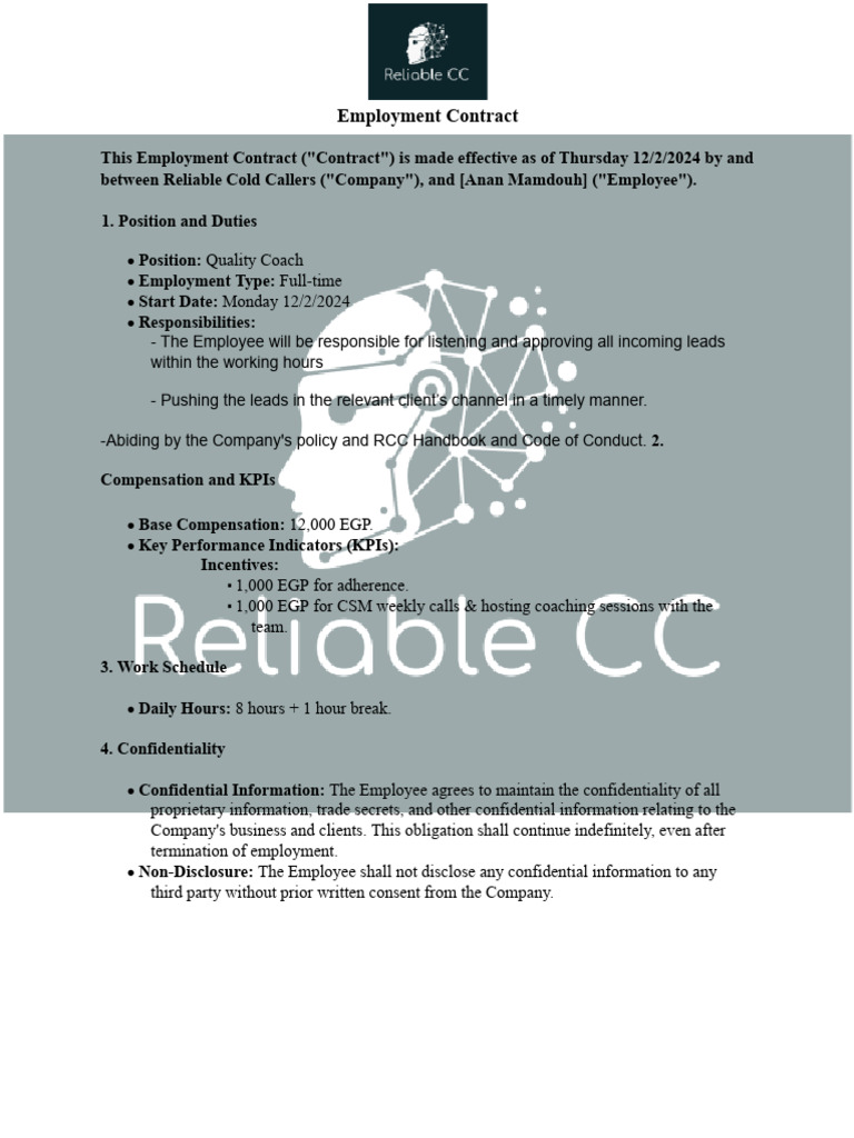 Employment Contract for Quality Coach | PDF