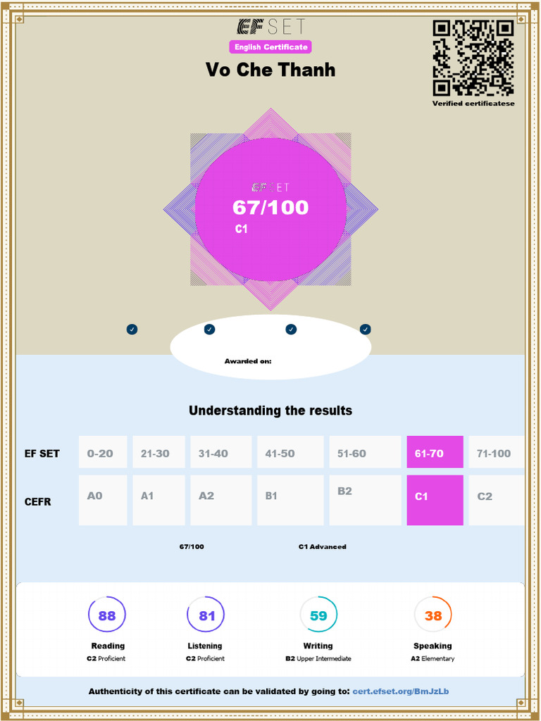 EF SET Certificate (Xac Minh C1) | PDF