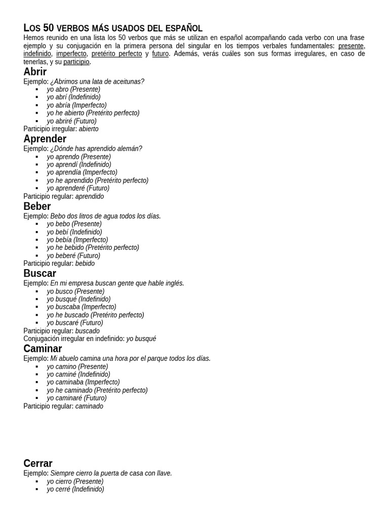 50 Verbos Comunes en Español | PDF | Verbo | Relaciones sintácticas