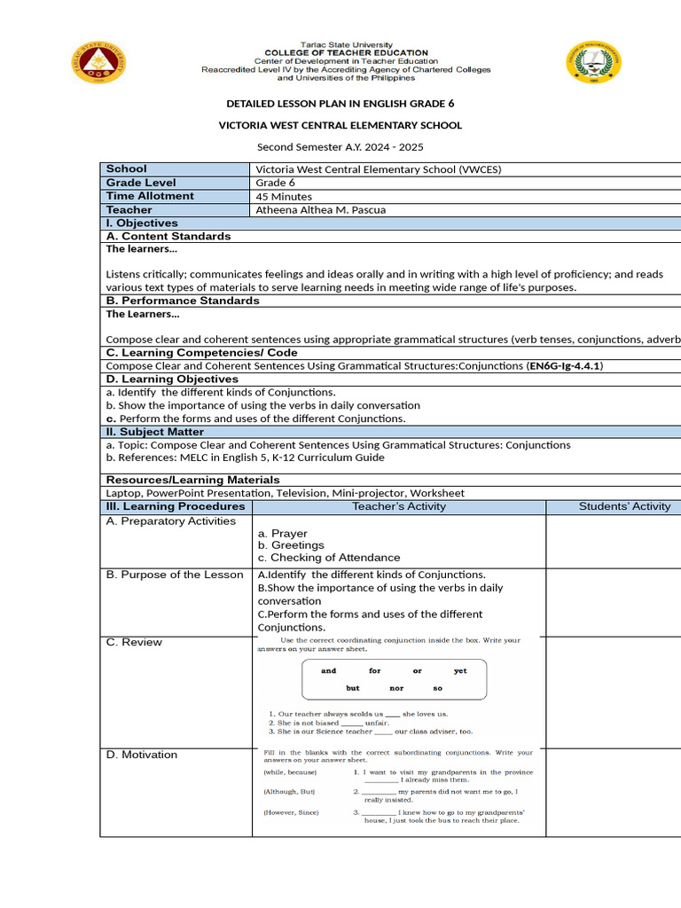 Grade 6 English Lesson Plan on Conjunctions | PDF