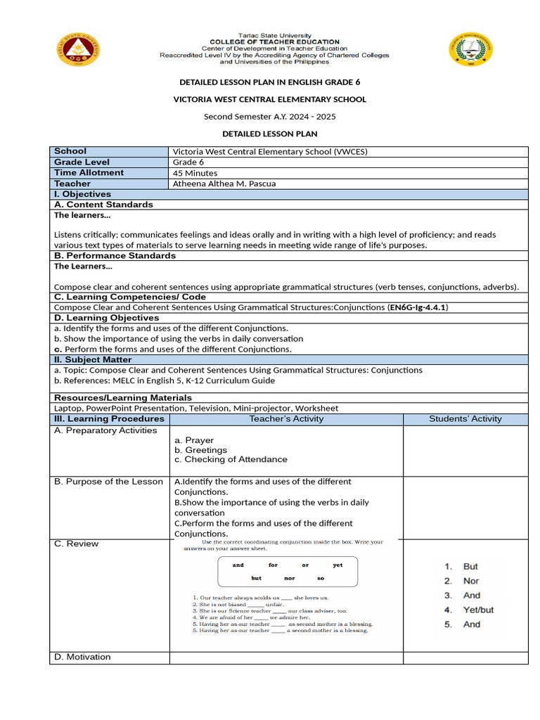 DLP Grade 6 Coordinating Conjunctions | PDF | Verb | Lesson Plan